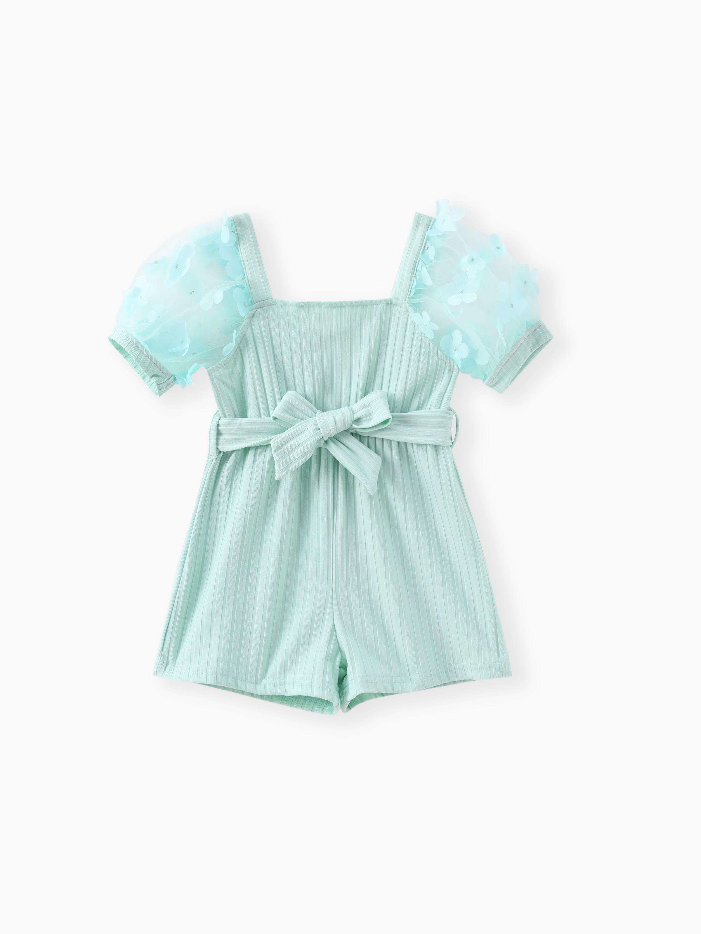 Baby Girl Pink Beaded Floral Applique Puff-sleeve Ribbed Belted Romper Only A$29.91 - PatPat GLB