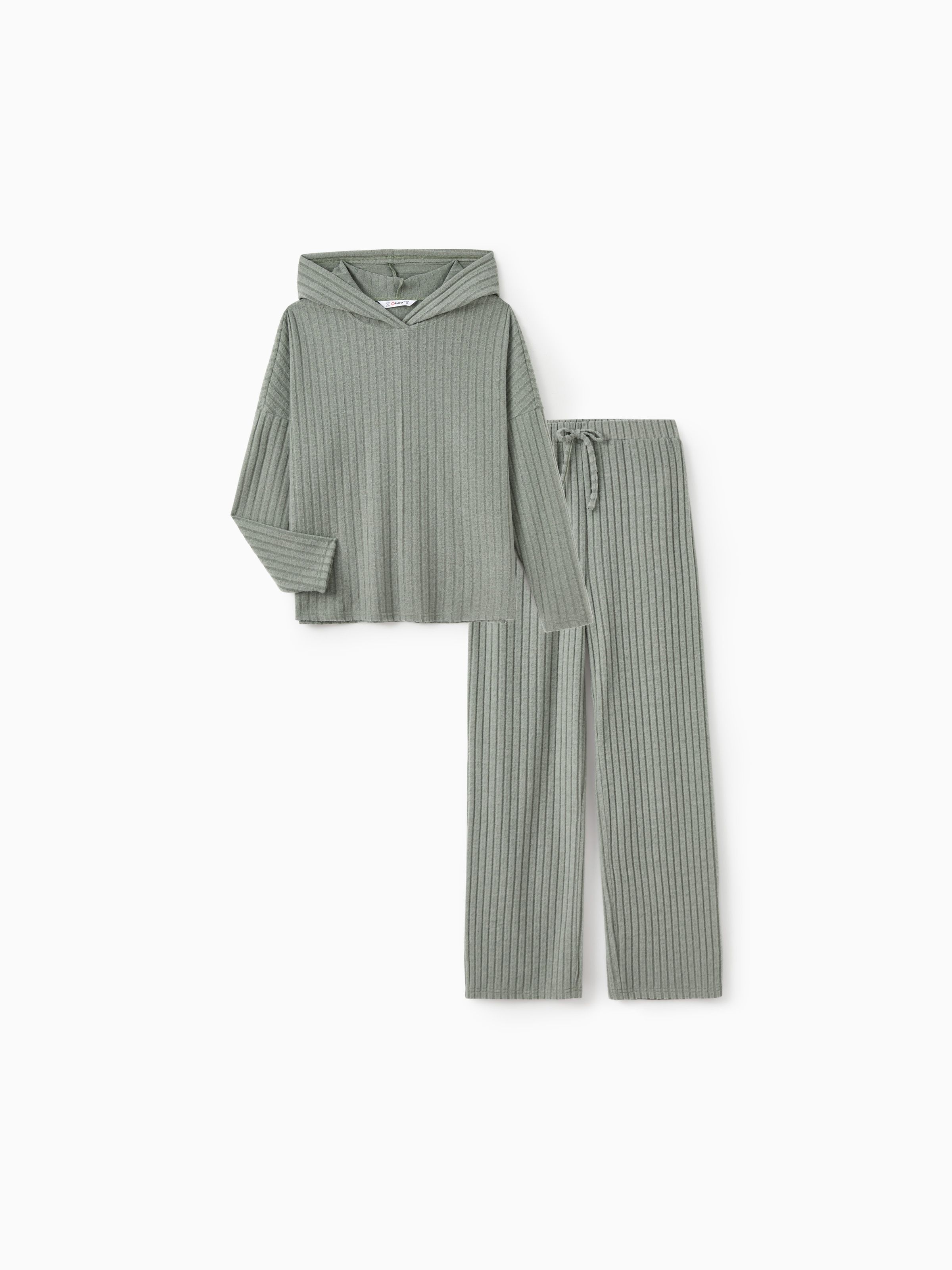 Family Matching Two-Piece Ribbed Knit Grayish Green Hooded Sets with ...